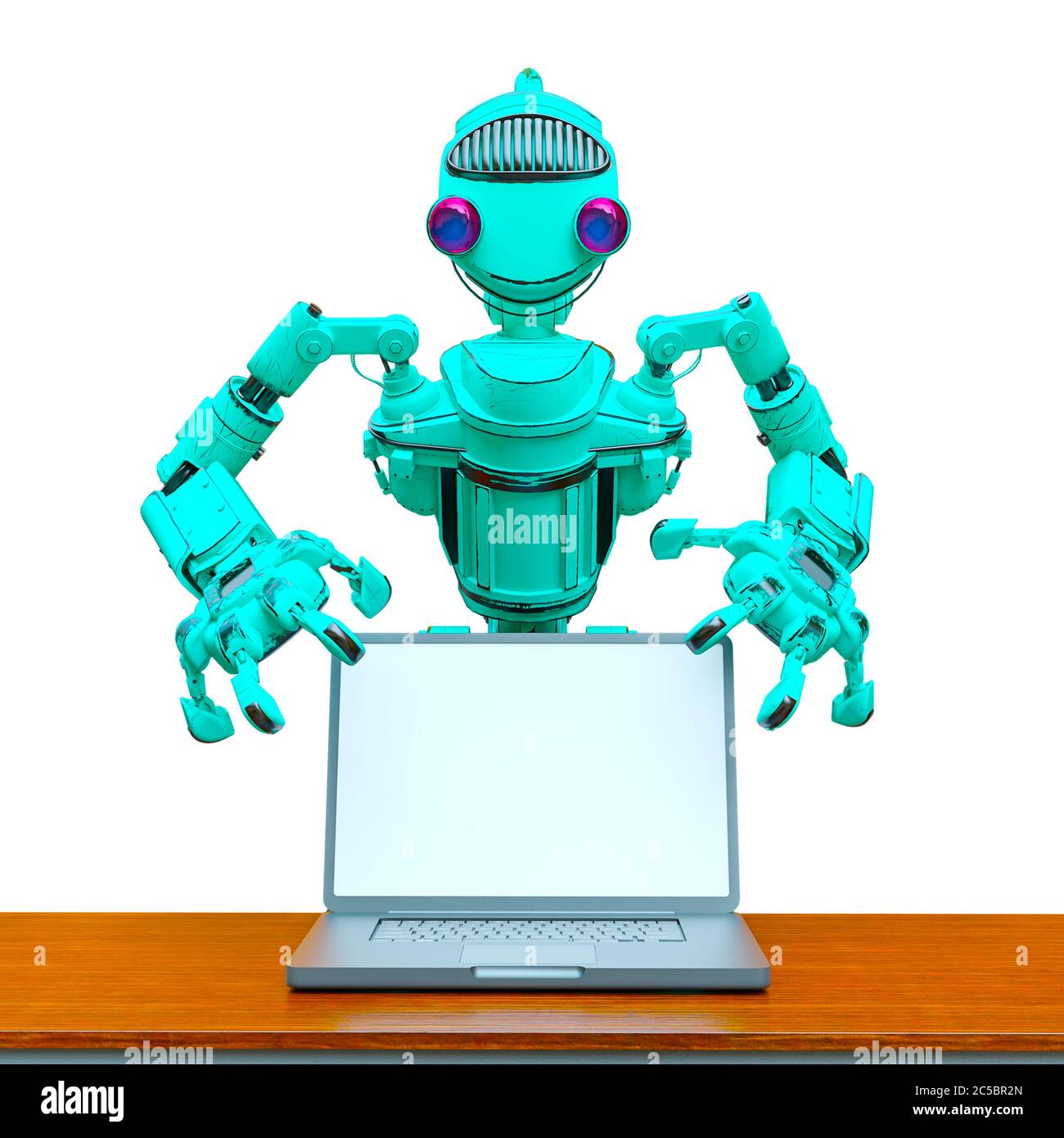 friendly robot with a laptop in white background, 3d illustration Stock ...