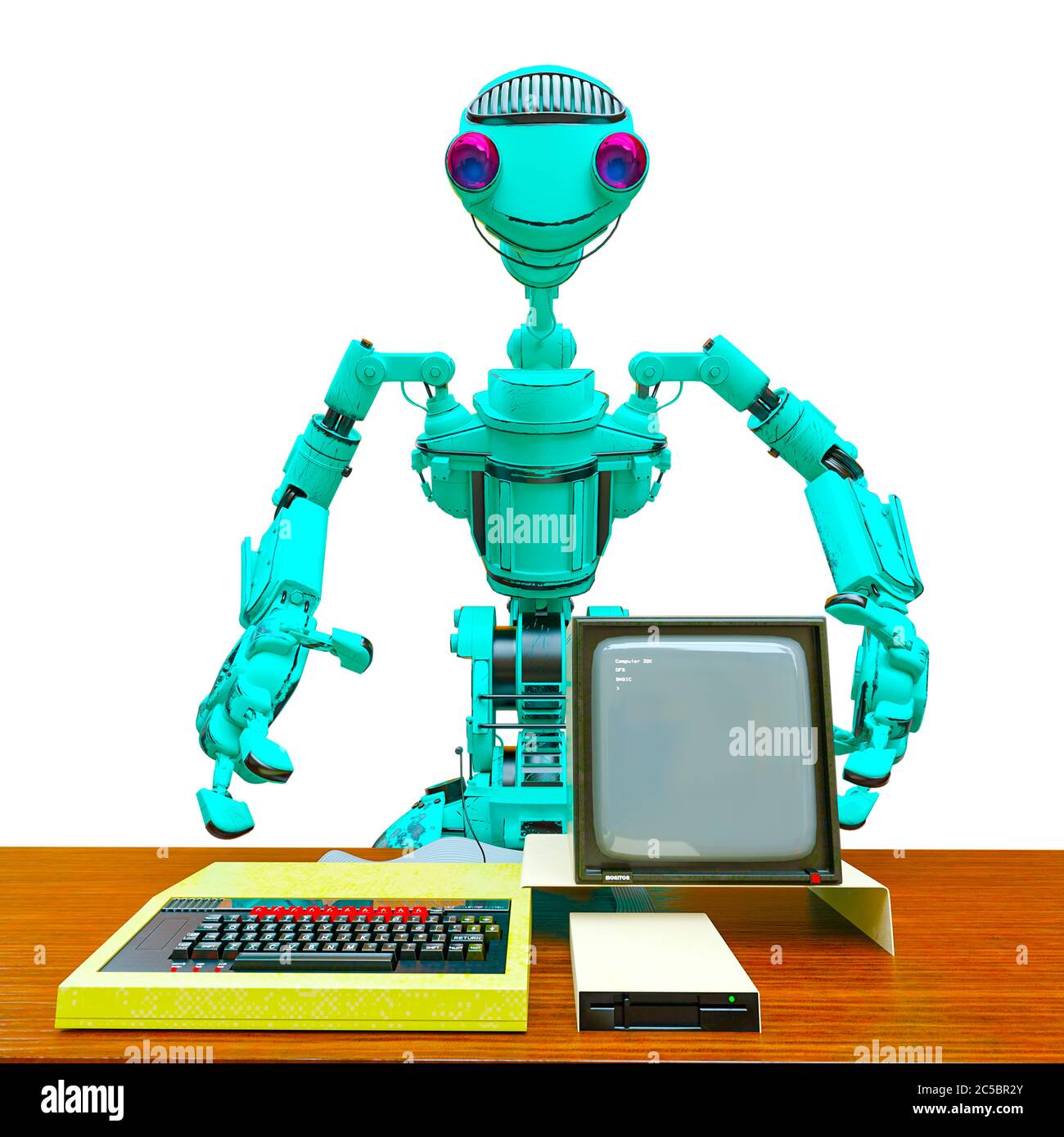 friendly robot with an old desktop computer in white background close ...