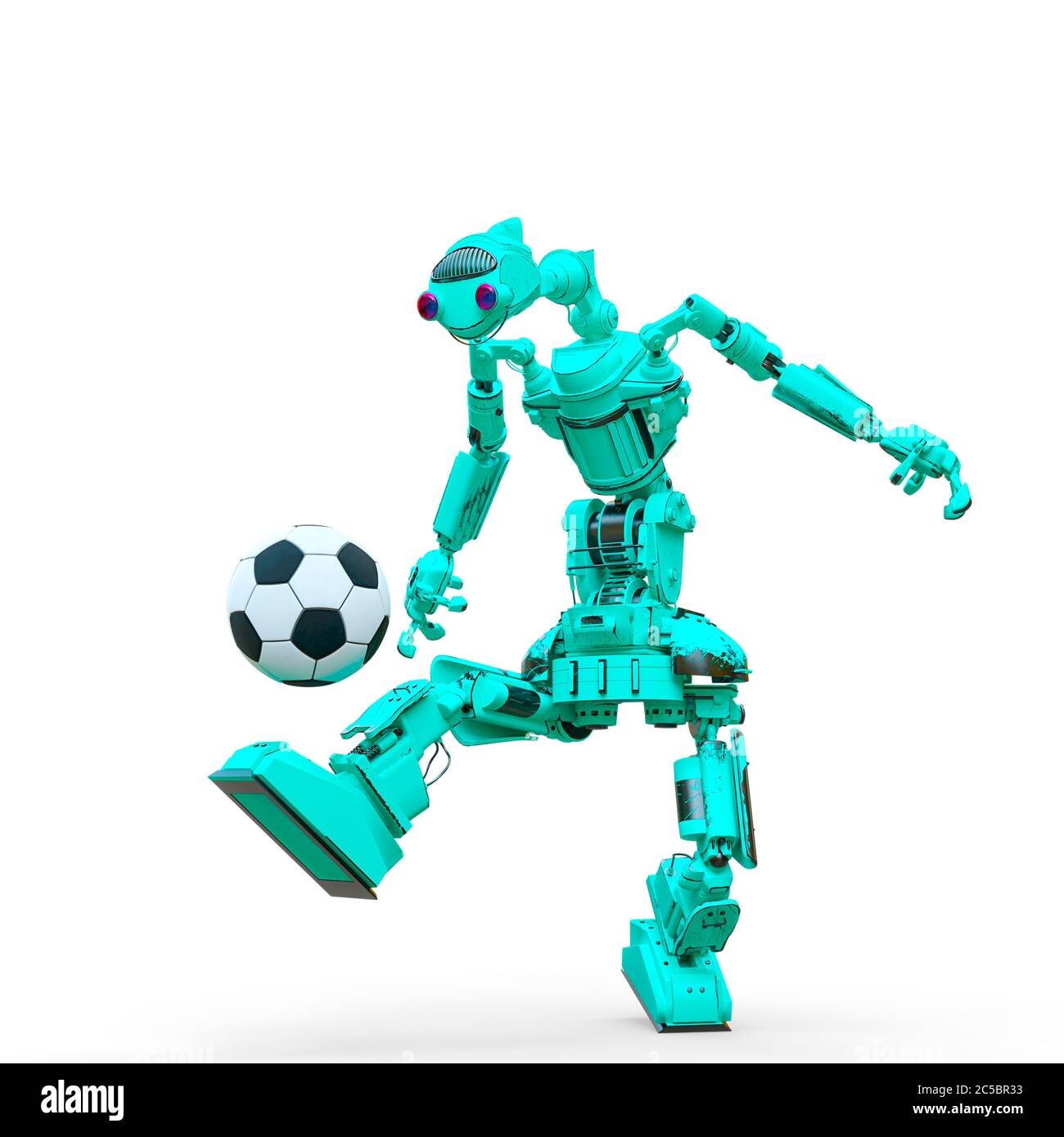 friendly robot is playing football in white background, 3d illustration ...