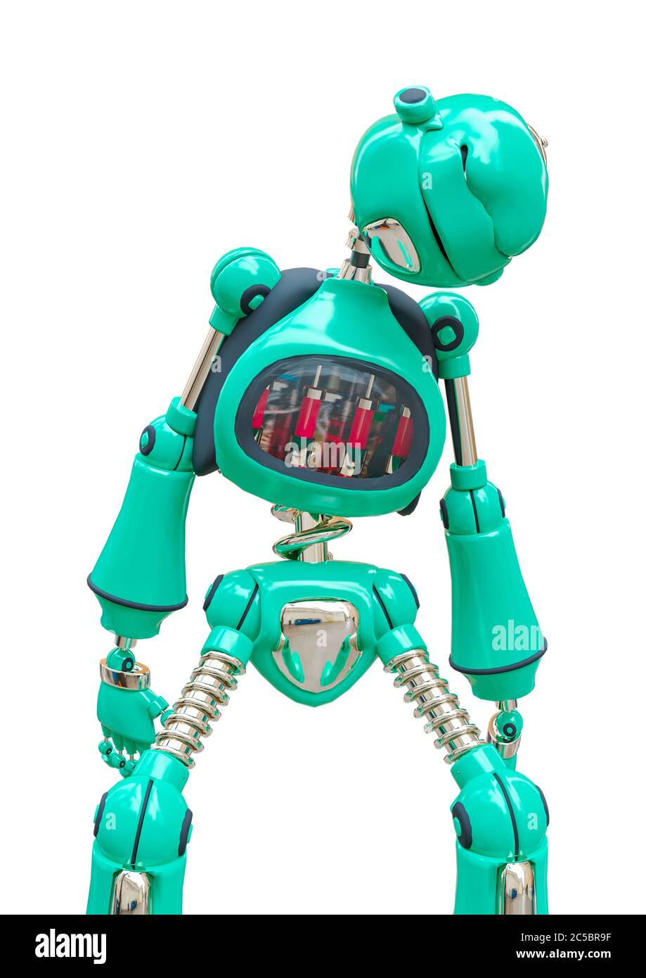 vintage robot cartoon on shut down pose in white background, 3d ...