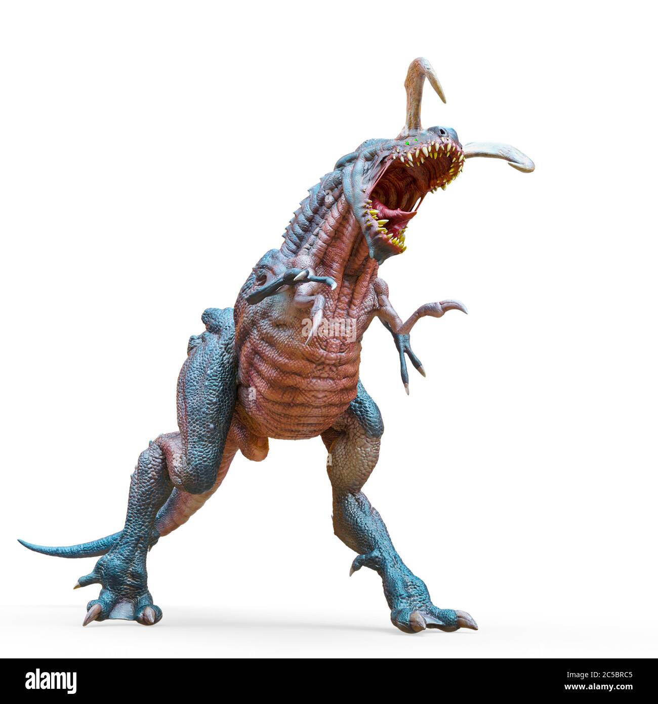 alien dinosaur in an aggressive action in a white background, 3d ...