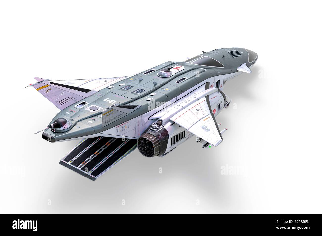cool spaceship parked on white background bird eye rear view, 3d ...