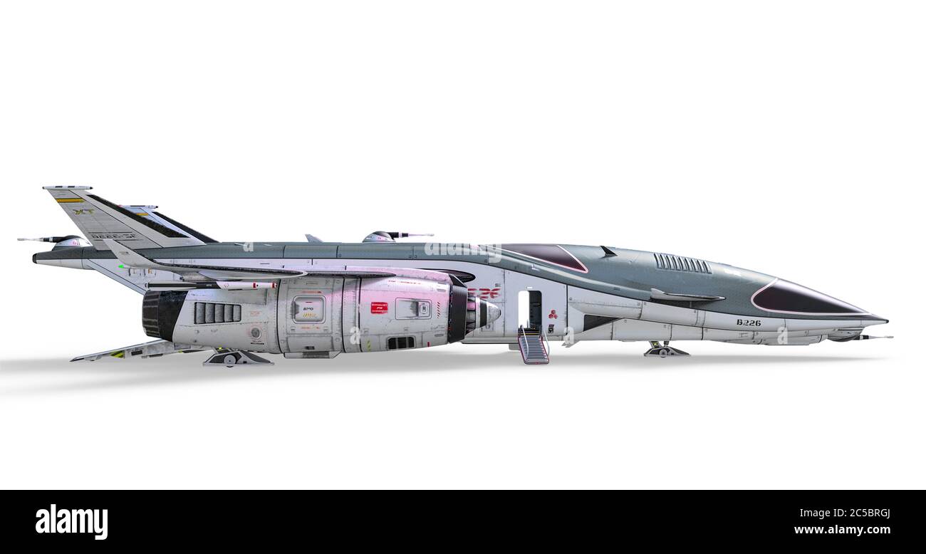 cool spaceship parked on white background long side view, 3d ...