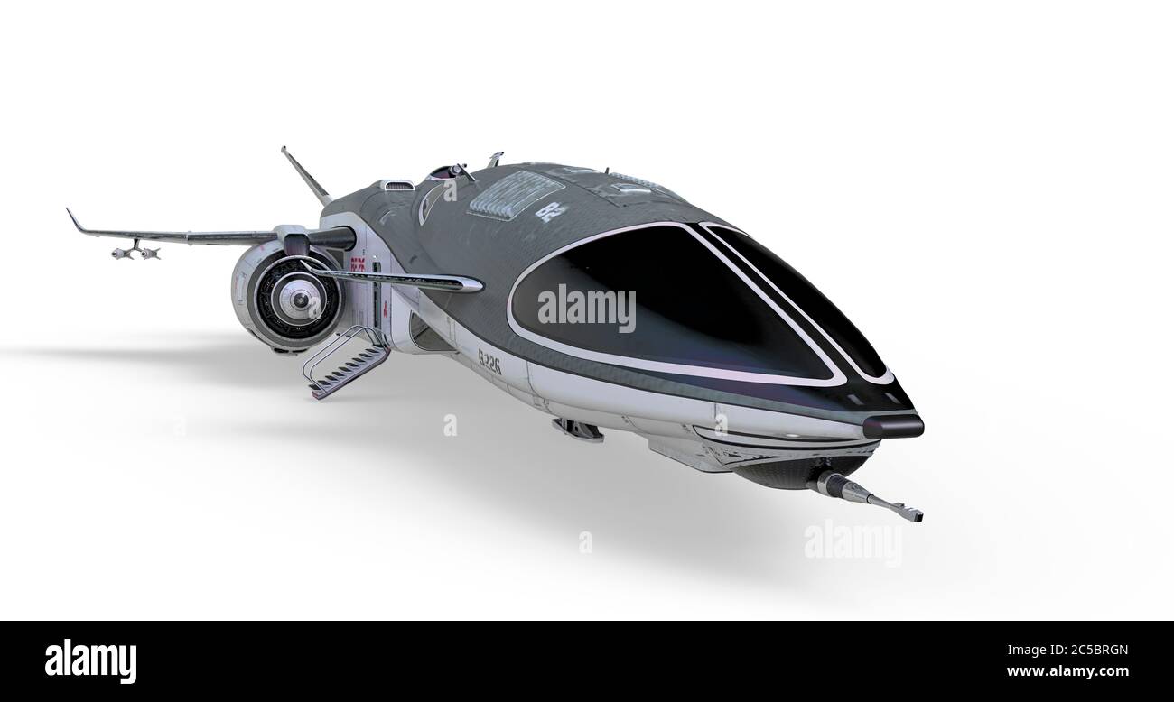 cool spaceship parked on white background side view, 3d illustration ...