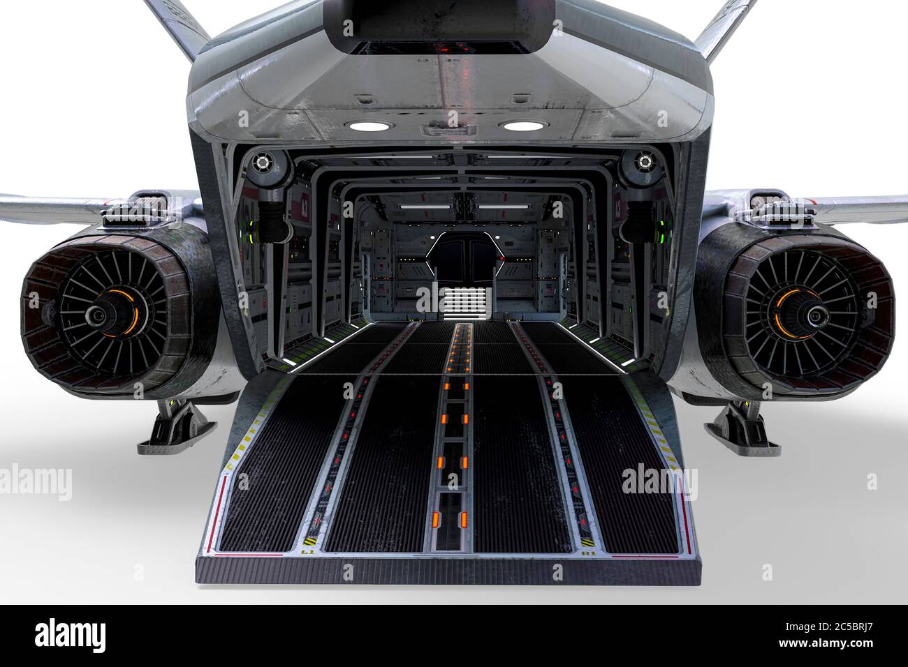 cool spaceship parked rear view close up on white background, 3d ...