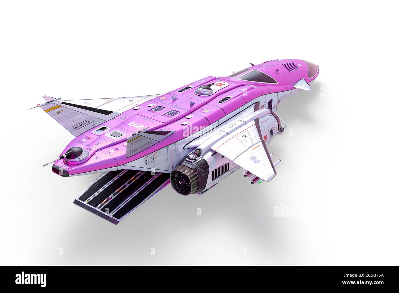 cool spaceship parked on white background bird eye rear view, 3d ...