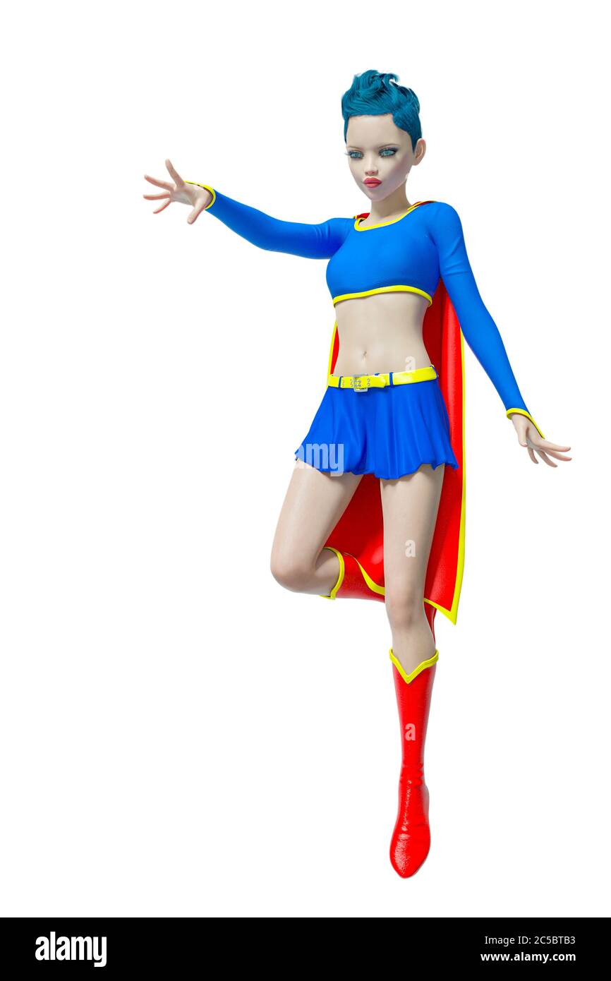 super girl floating and looking down in white background, 3d ...
