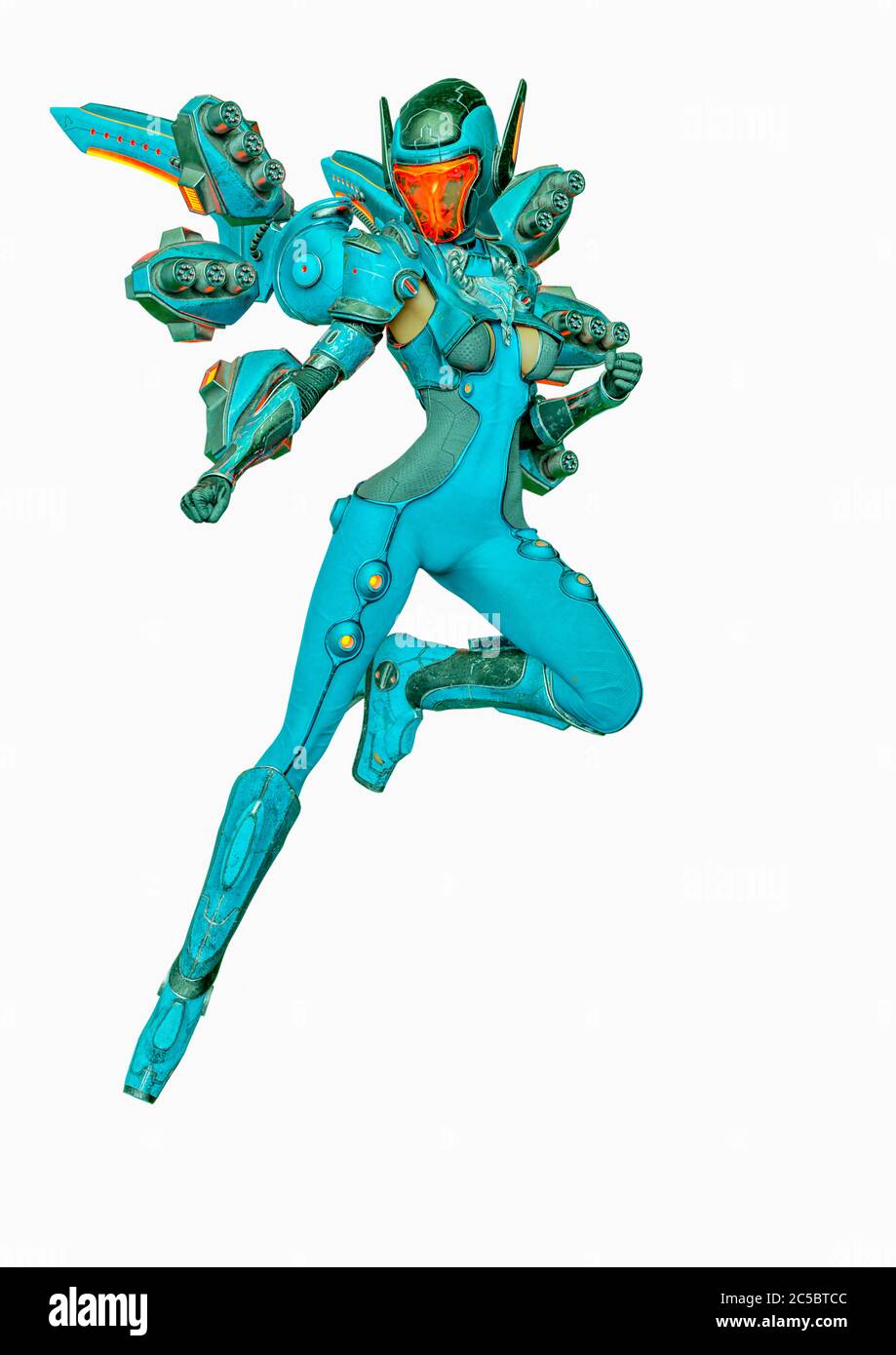 mech girl floating on heroic pose, 3d illustration Stock Photo - Alamy