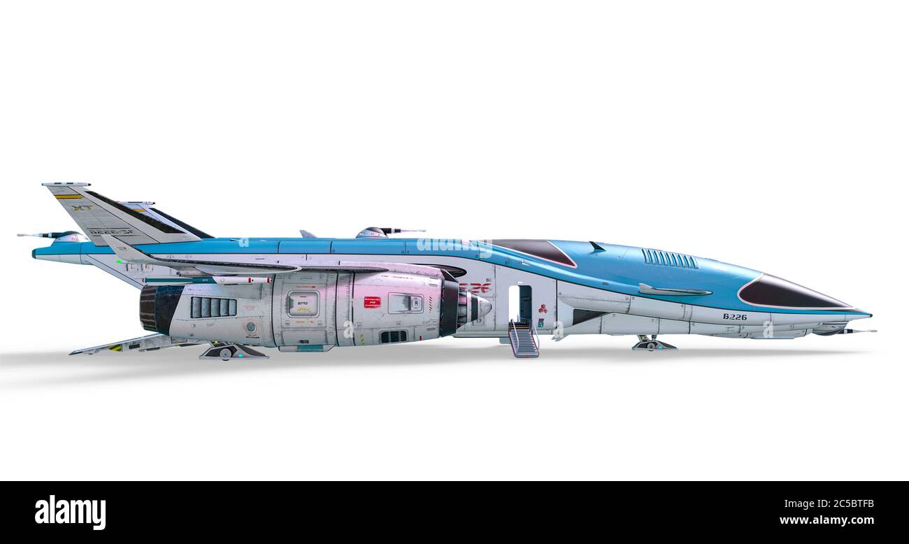 cool spaceship parked on white background long side view, 3d ...