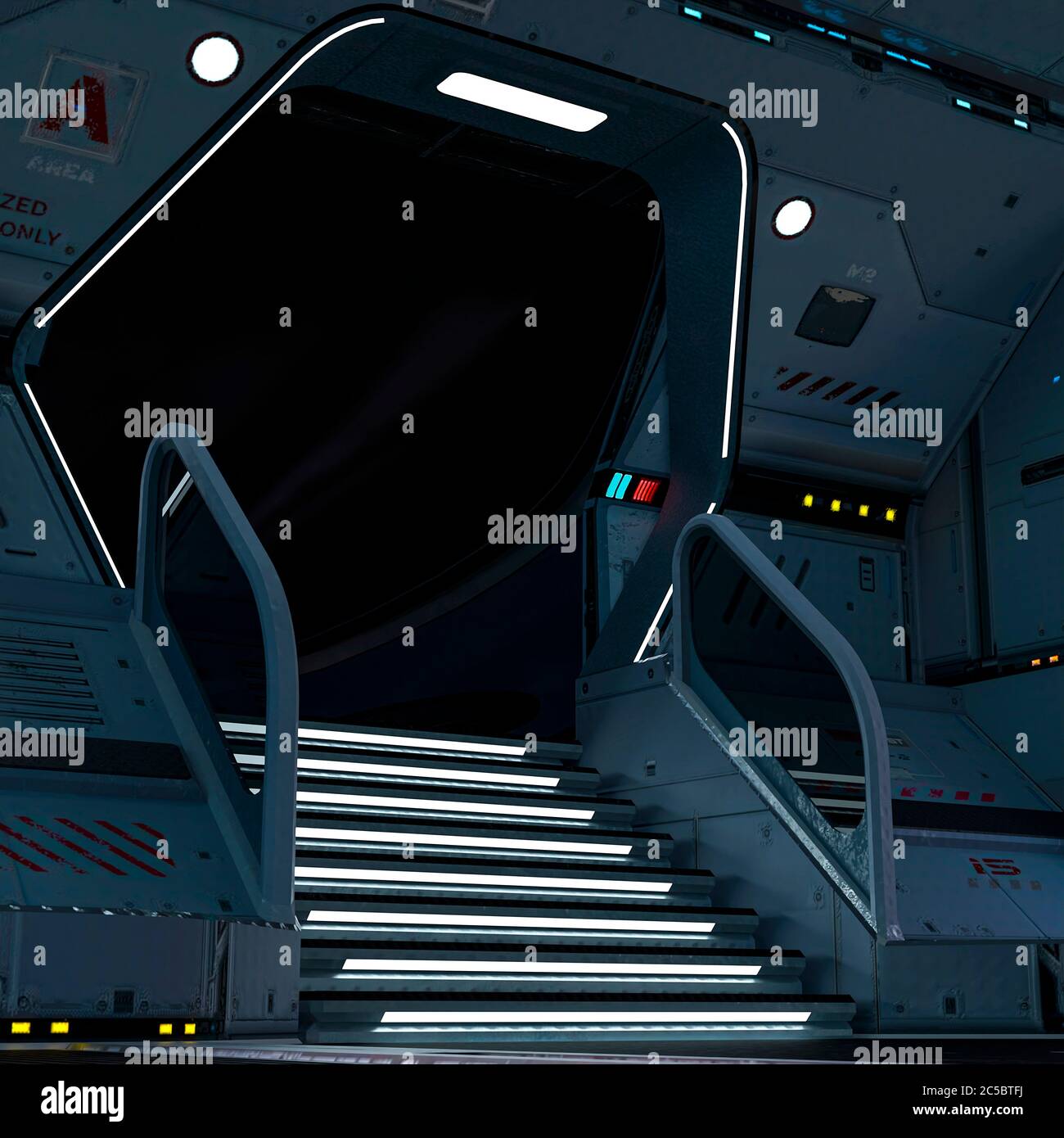 cool spaceship parked inside view stairs away on white background, 3d ...