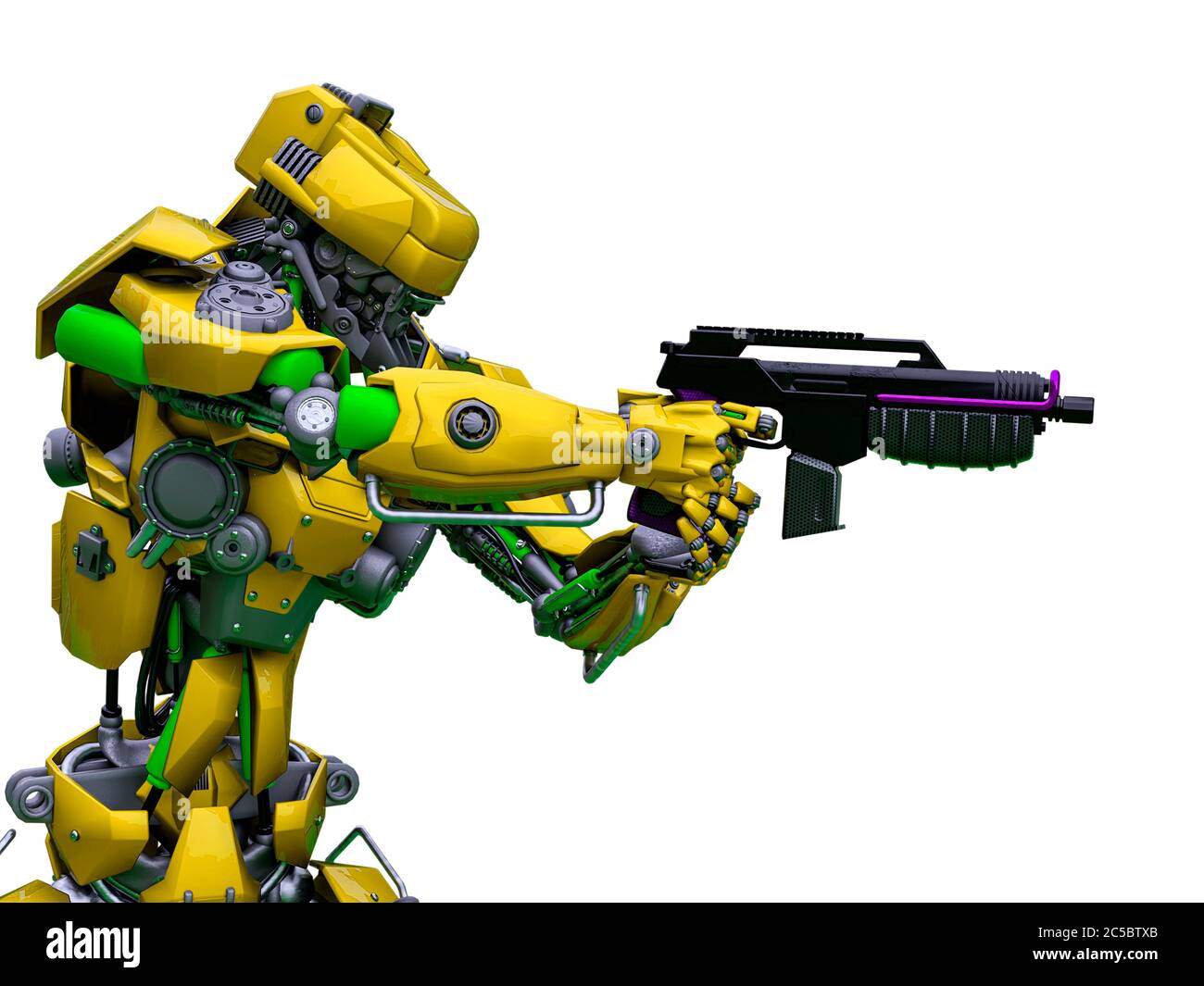 mechanical soldier aiming the pistol close up, 3d illustration Stock ...