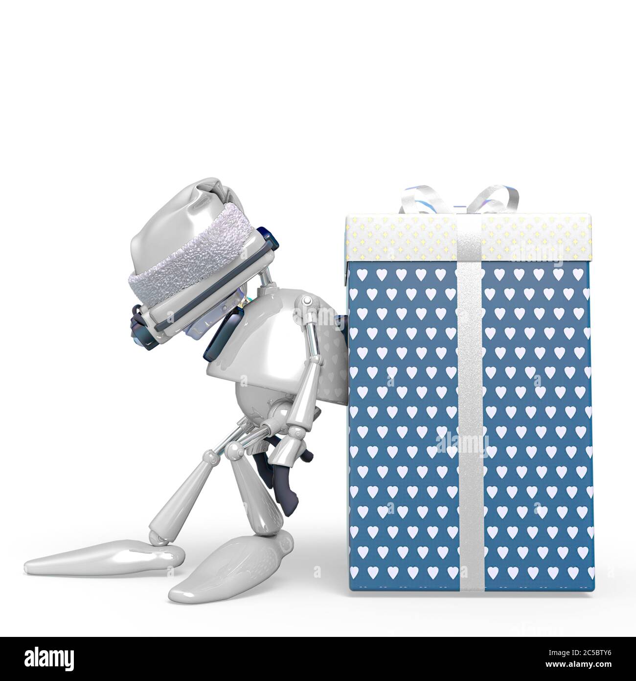 santa bot leaning on the gift box in white background, 3d illustration ...