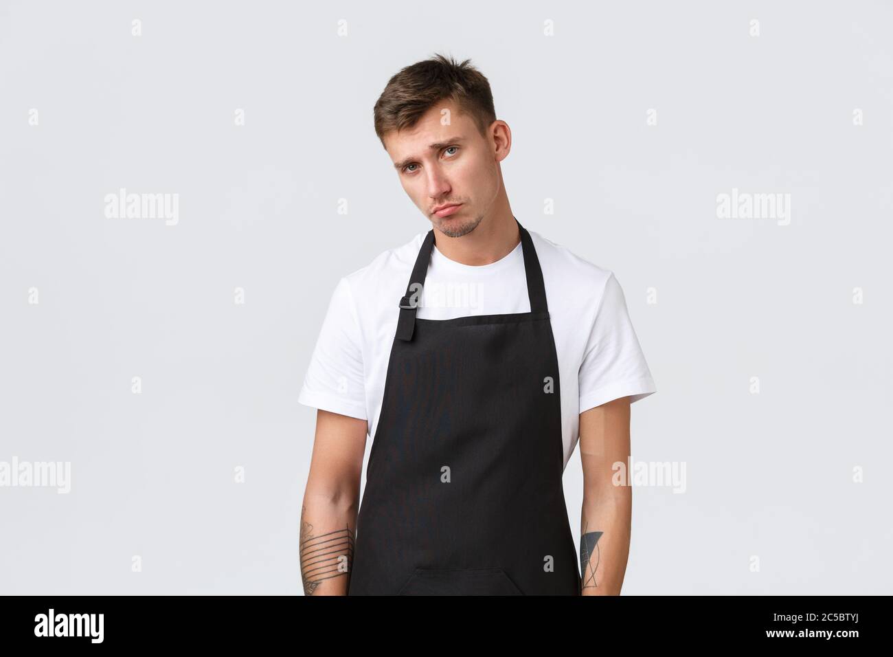 Employees, grocery stores and coffee shop concept. Gloomy silly cute ...
