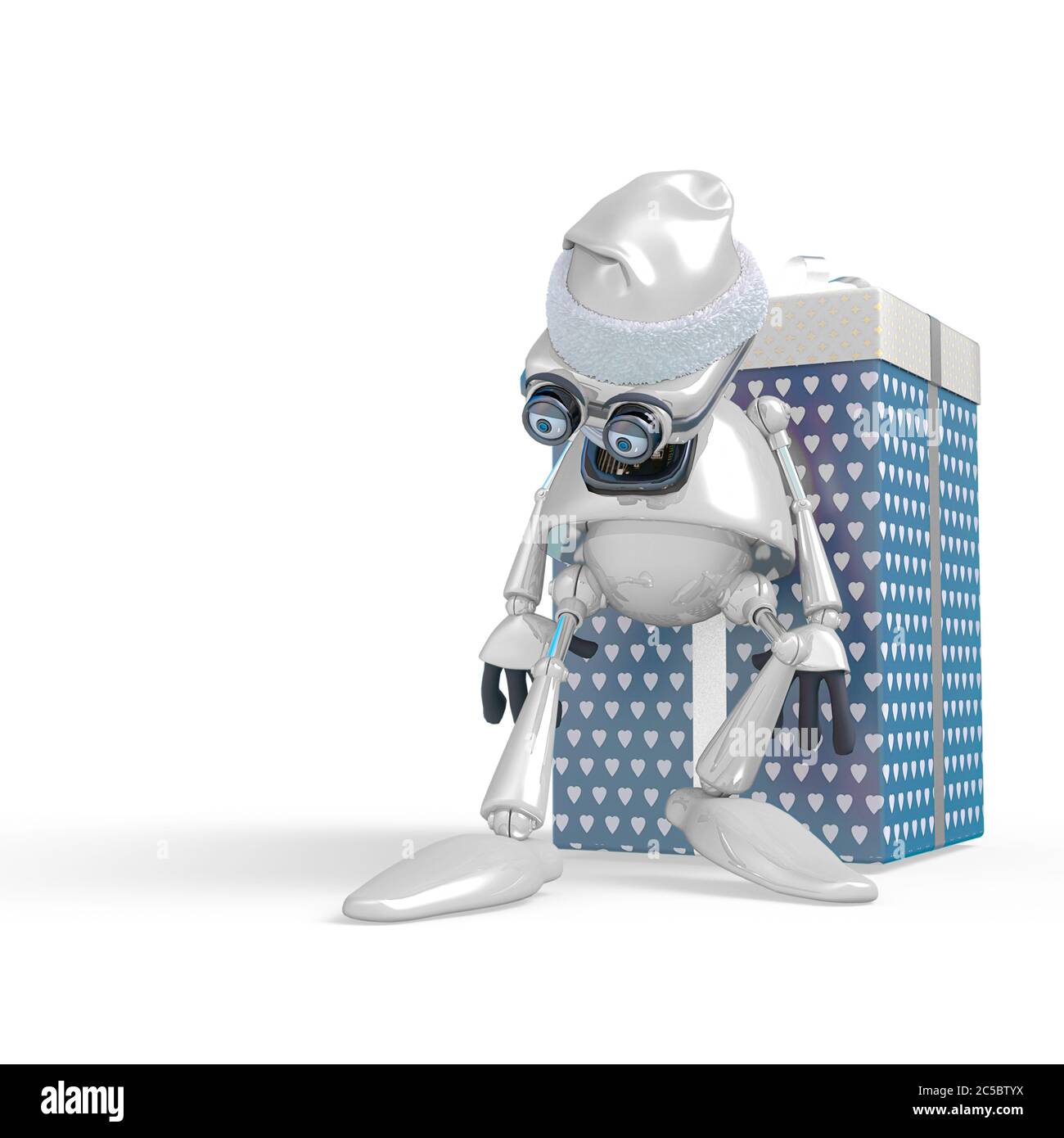 santa bot leaning on the gift box in white background front view, 3d ...
