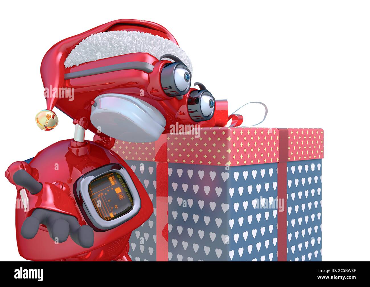 santa bot beside the gift box in white background side view, 3d ...