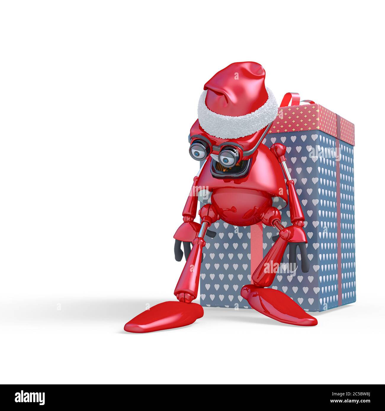 santa bot leaning on the gift box in white background front view, 3d ...