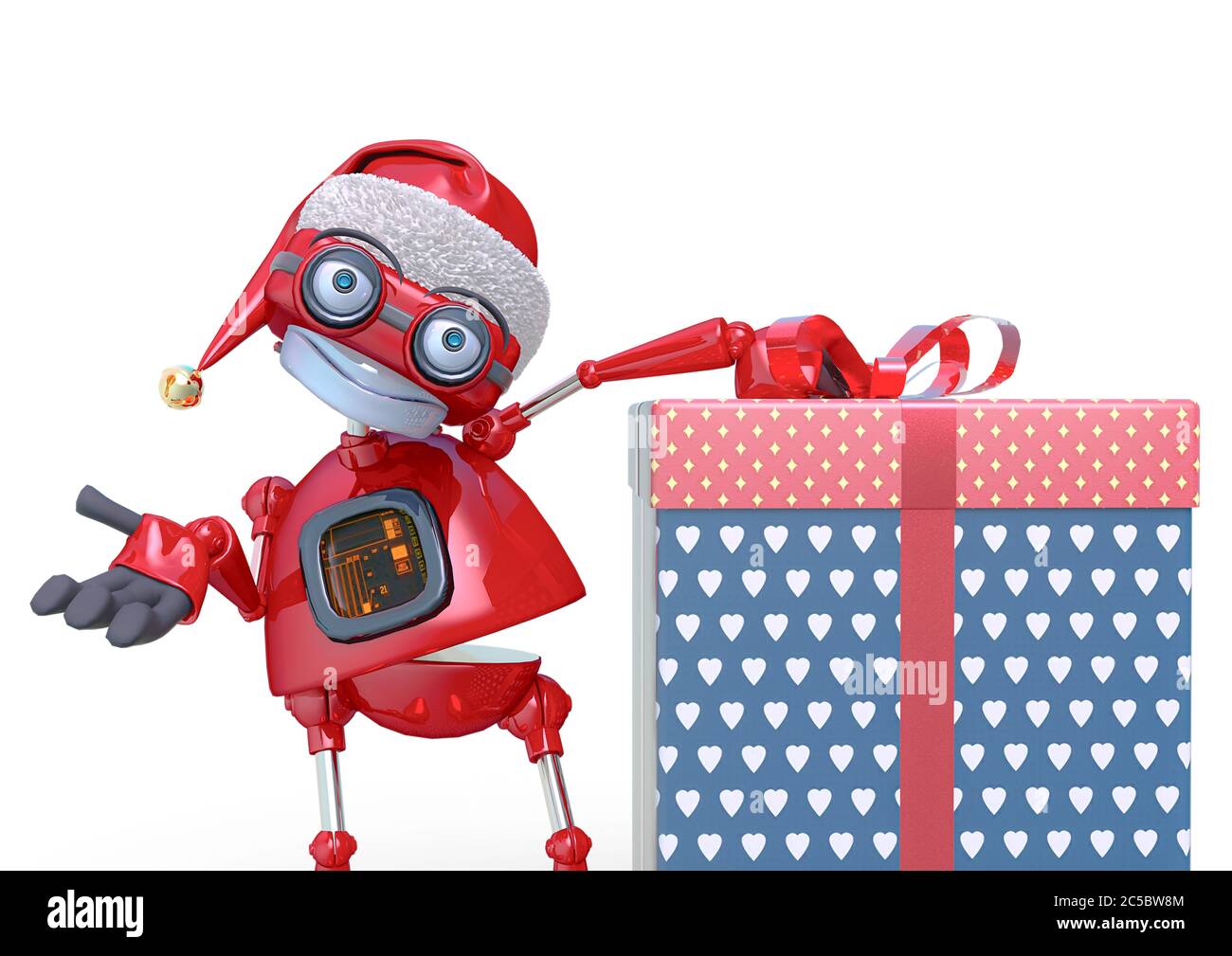 santa bot beside the gift box in white background close up, 3d ...