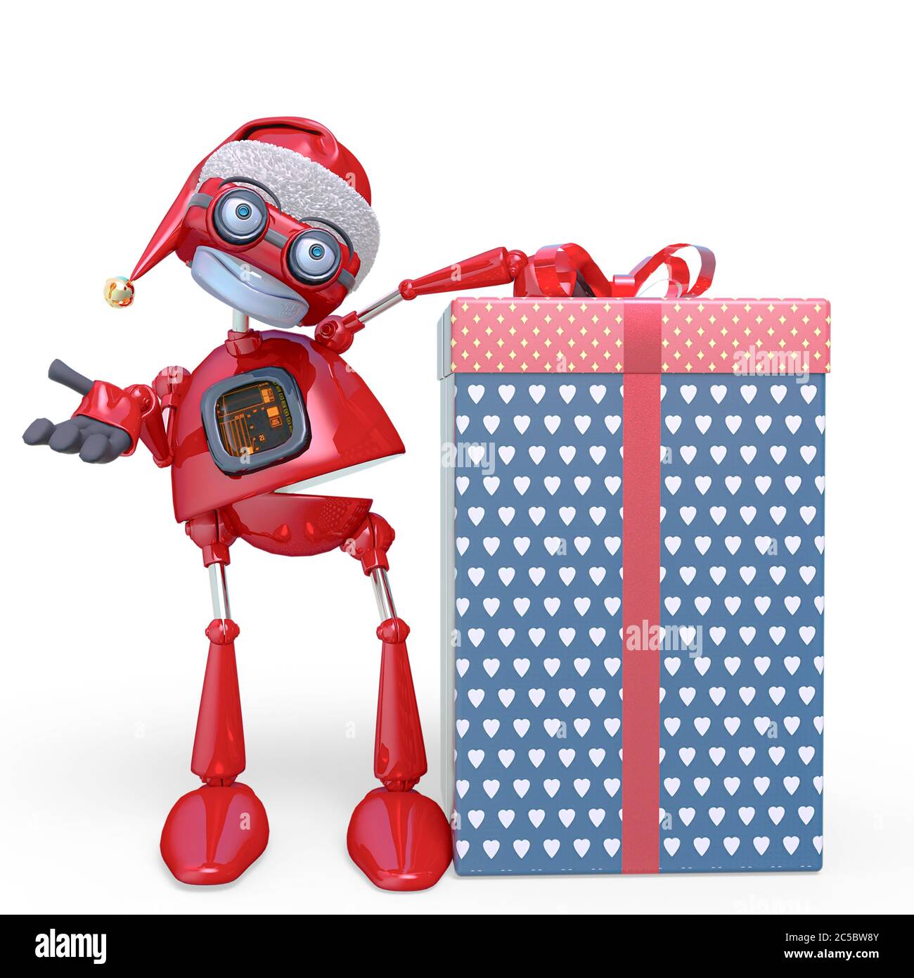 santa bot beside the gift box in white background, 3d illustration ...