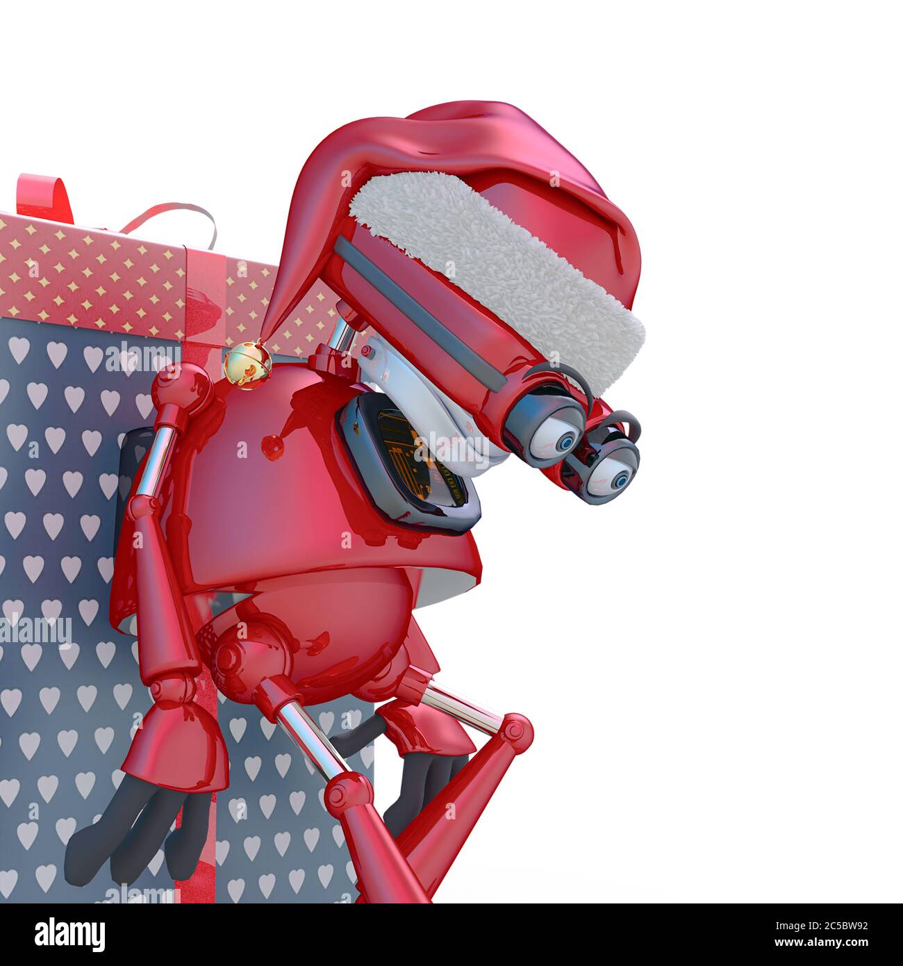 santa bot leaning on the gift box in white background close up view, 3d ...