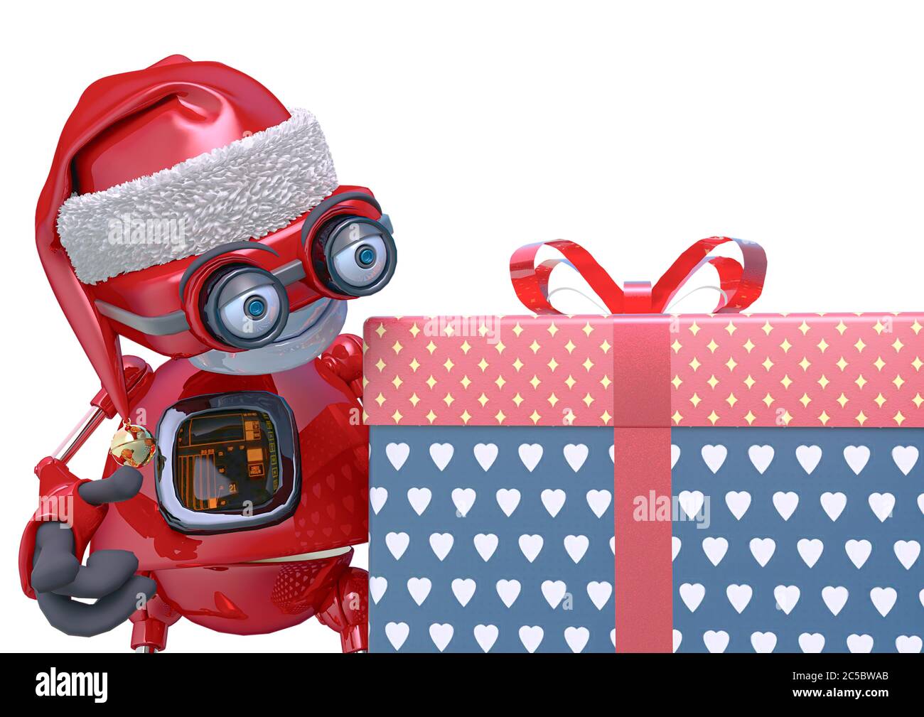 santa bot beside and looking the gift box in white background, 3d ...