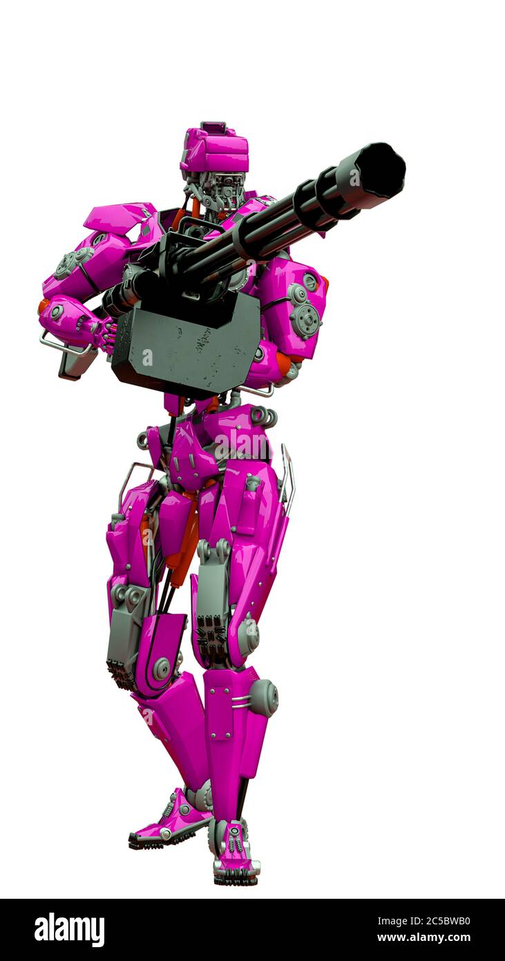 mechanical soldier holding a huge machine gun, 3d illustration Stock ...