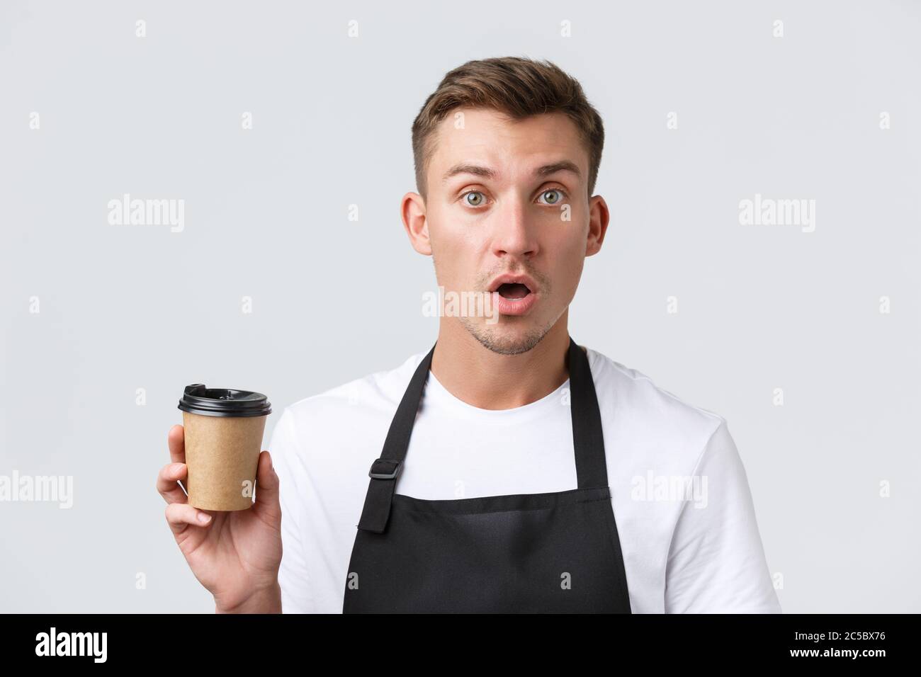 Cafe and restaurants, coffee shop owners and retail concept. Startled ...