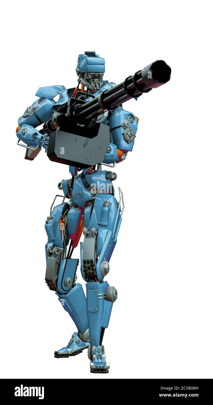 mechanical soldier holding a huge machine gun, 3d illustration Stock ...