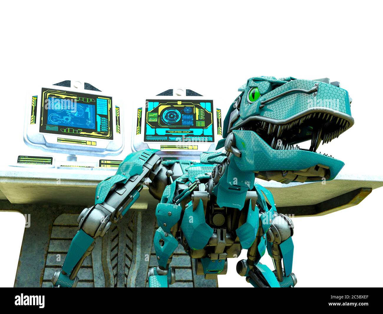 velociraptor robot in front of the computer console close up, 3d ...