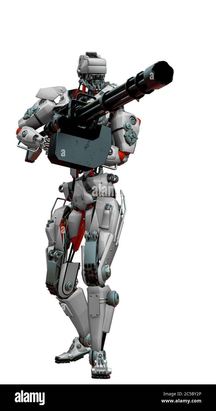 mechanical soldier holding a huge machine gun, 3d illustration Stock ...