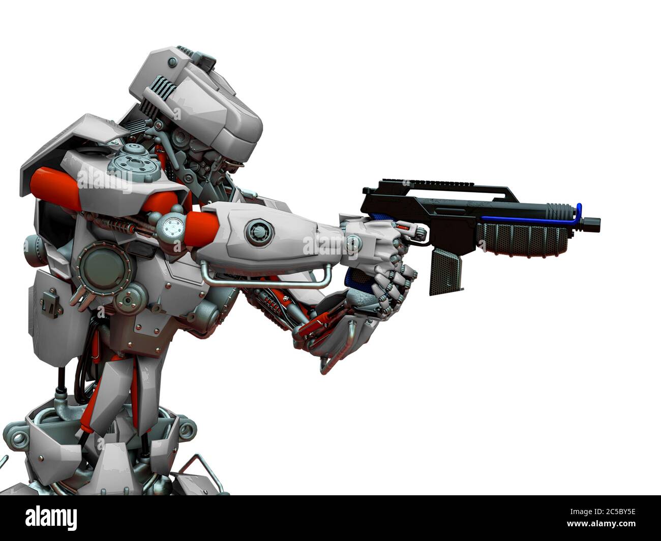 mechanical soldier aiming the pistol close up, 3d illustration Stock ...