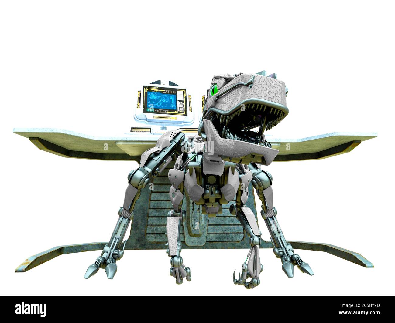velociraptor robot in front of the computer console, 3d illustration ...