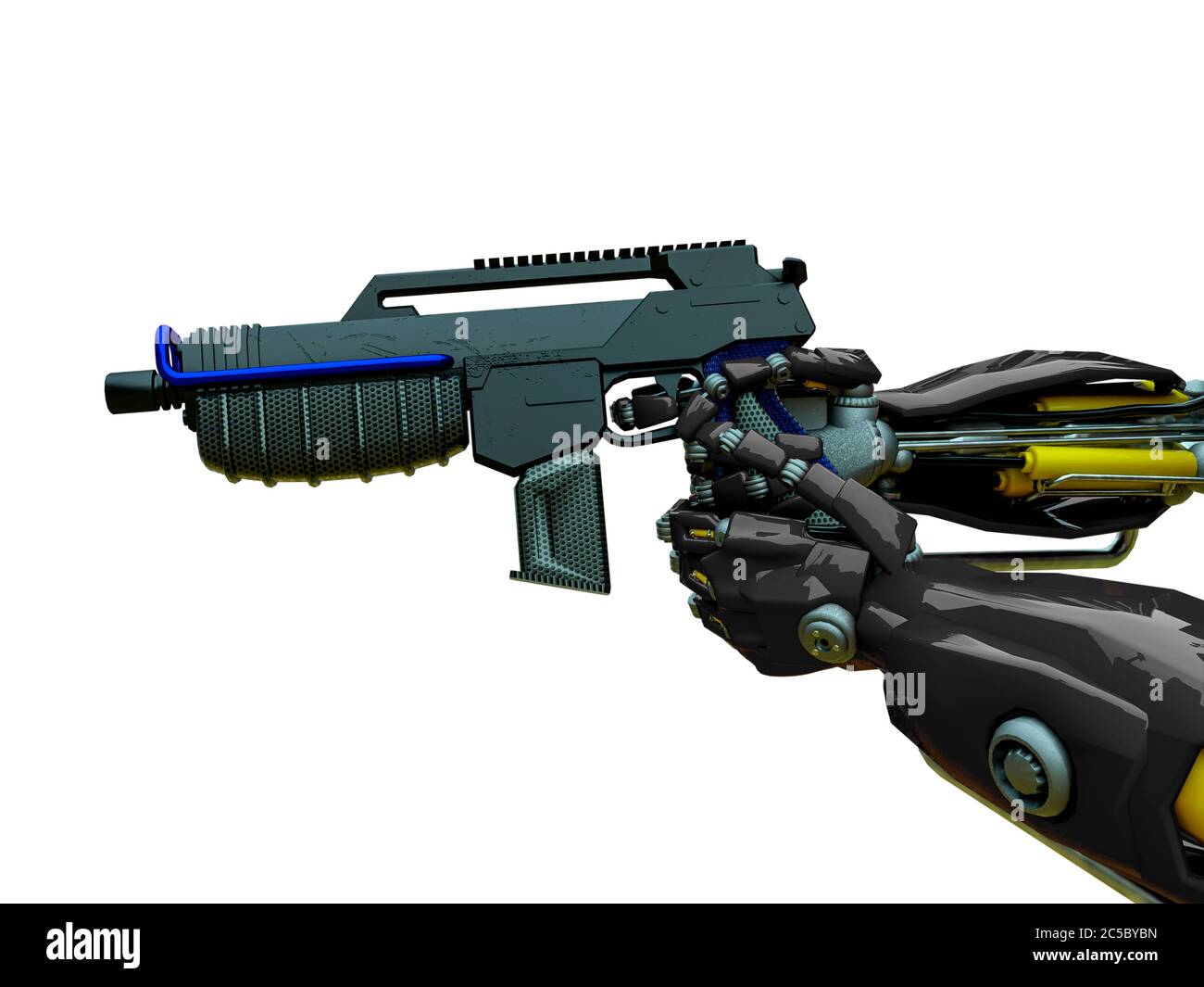 mechanical soldier aiming the pistol close up in the hands, 3d ...