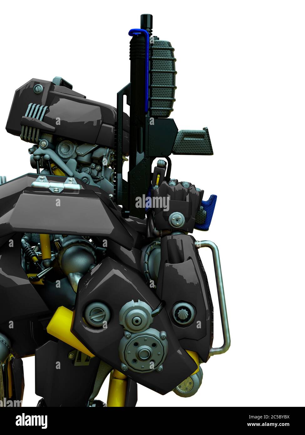 mechanical soldier holding a gun close up, 3d illustration Stock Photo ...