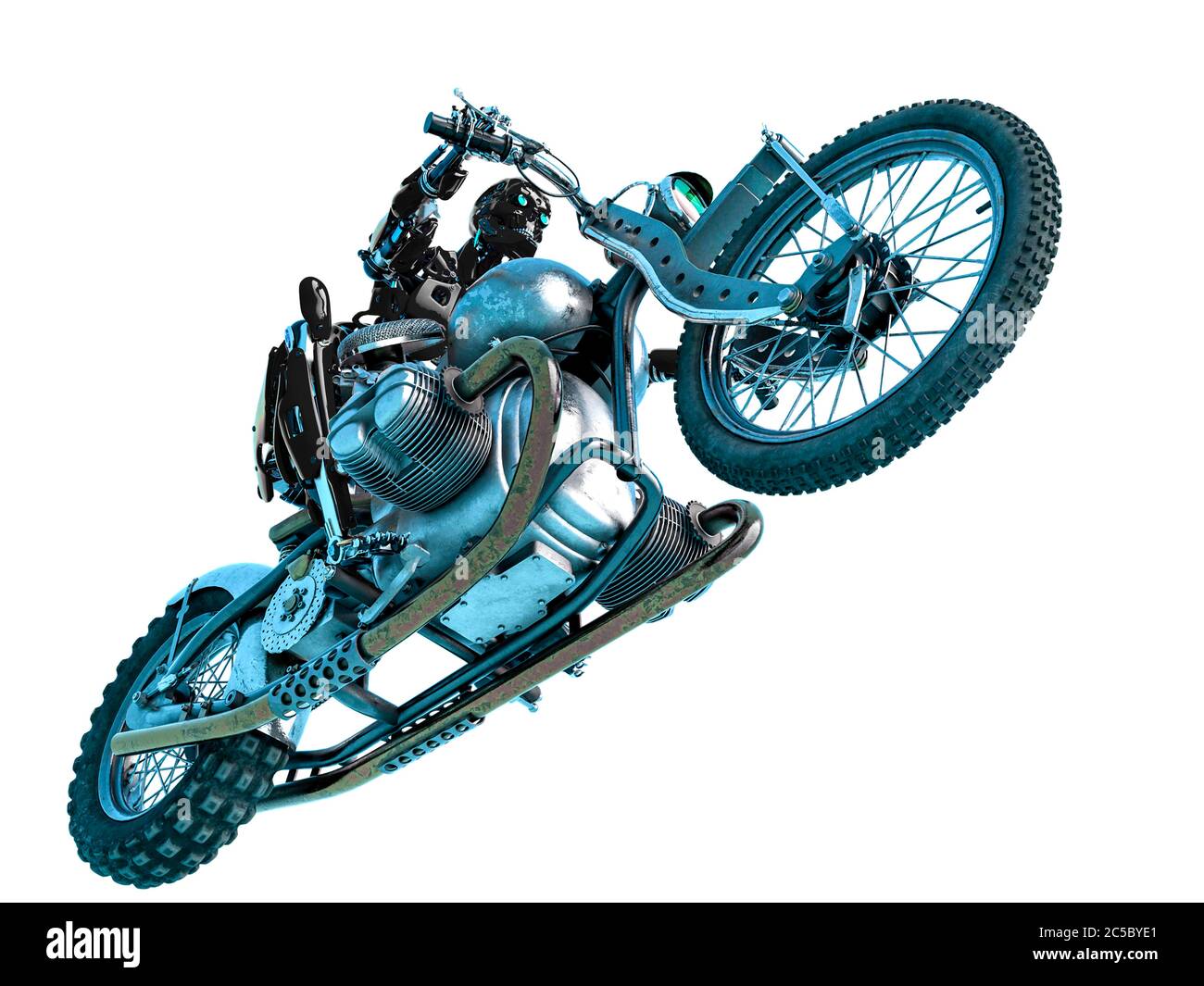 android is riding a motorcycle bottom view, 3d illustration Stock Photo ...