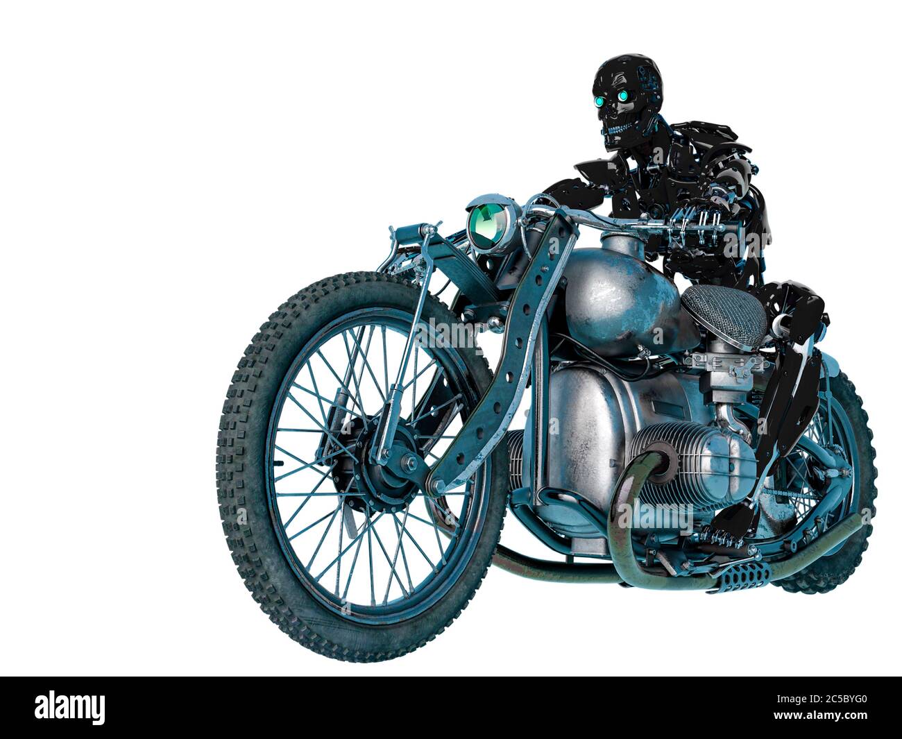 android is riding a motorcycle side view, 3d illustration Stock Photo ...