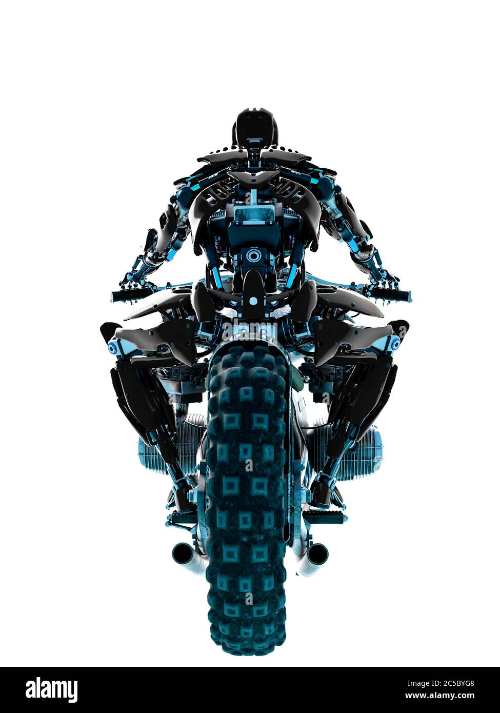 android is riding a motorcycle rear view, 3d illustration Stock Photo ...