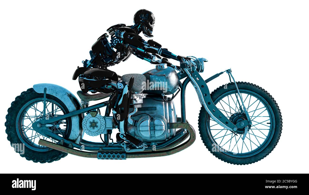 android is riding a motorcycle left side view, 3d illustration Stock ...