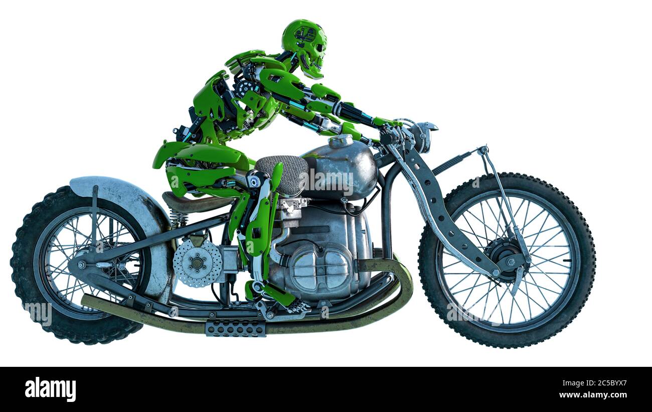 android is riding a motorcycle left side view, 3d illustration Stock ...