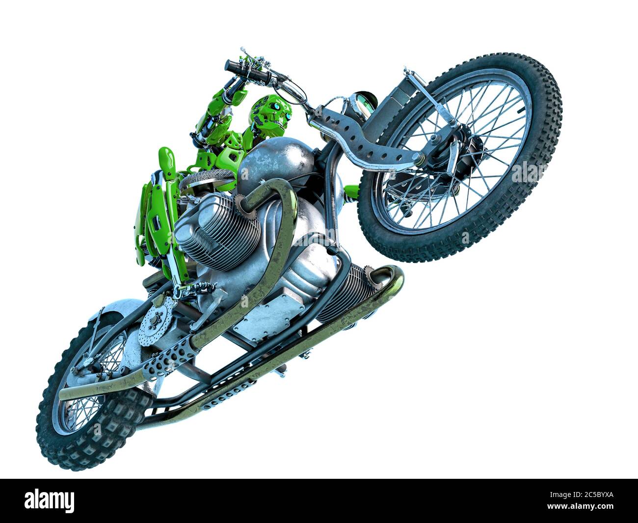 android is riding a motorcycle bottom view, 3d illustration Stock Photo ...