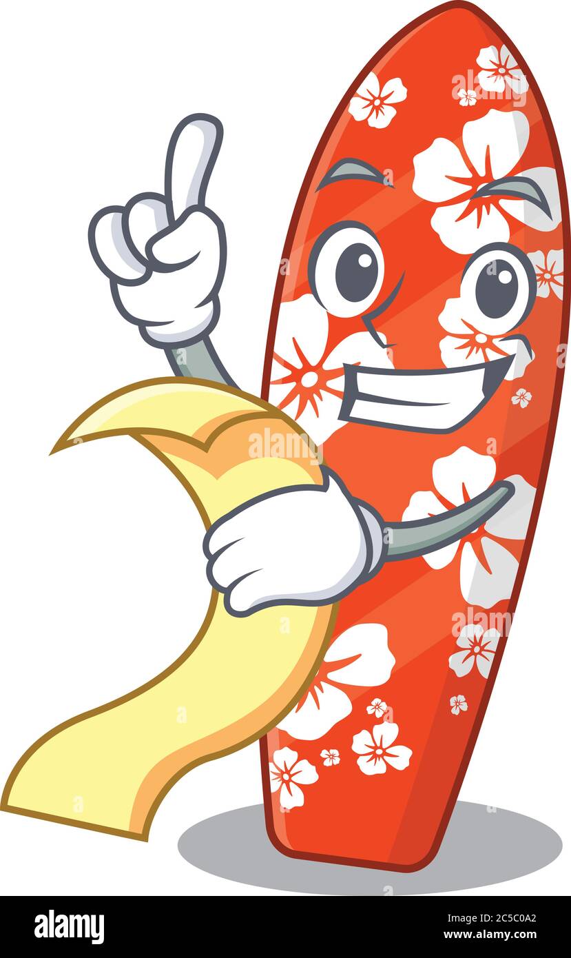 Surfboard mascot character style with food and beverage menu on his ...
