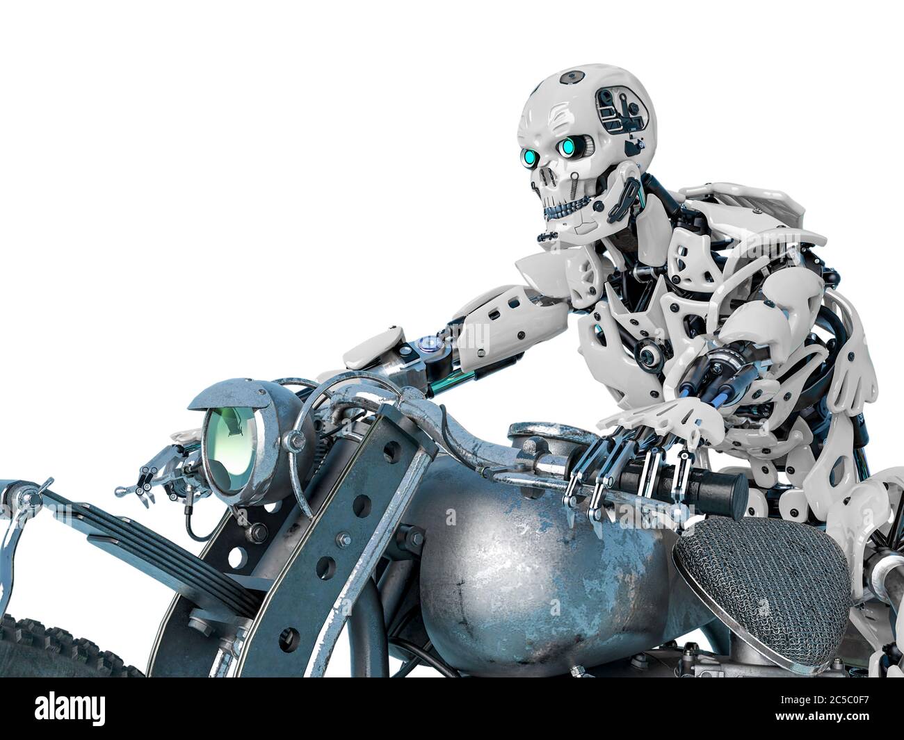 android is riding a motorcycle close up side view, 3d illustration ...