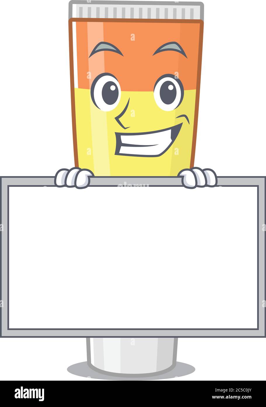 Funny cartoon design style toothpaste standing behind a board Stock ...