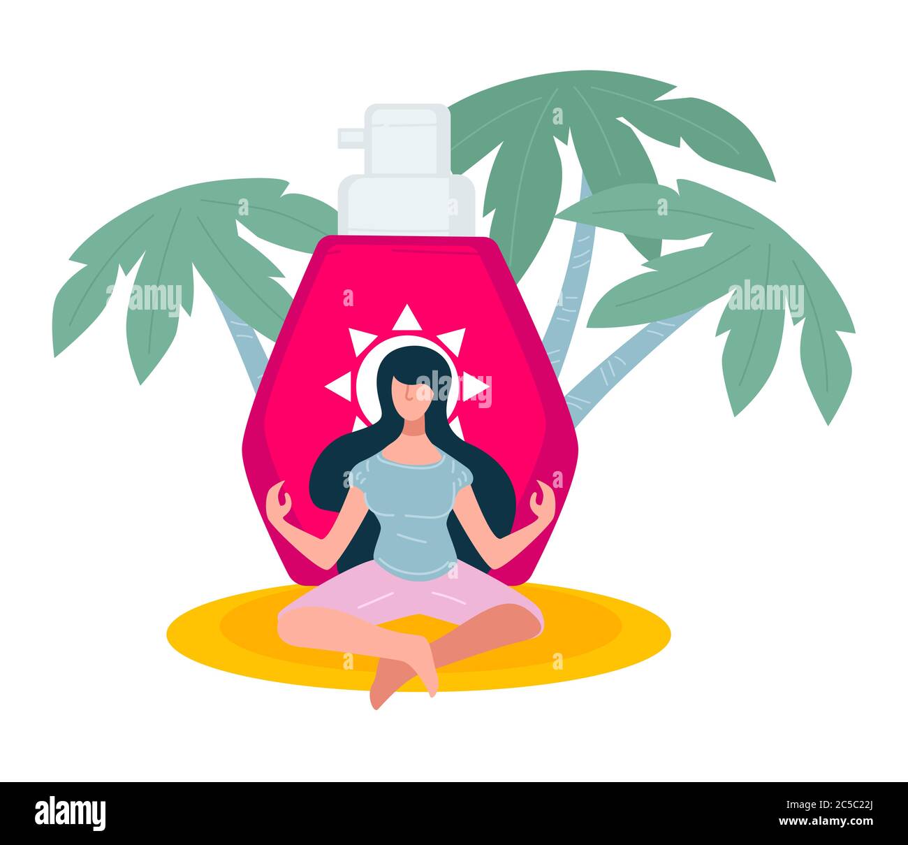 Sun lotion and meditating female character on summer vacation Stock ...