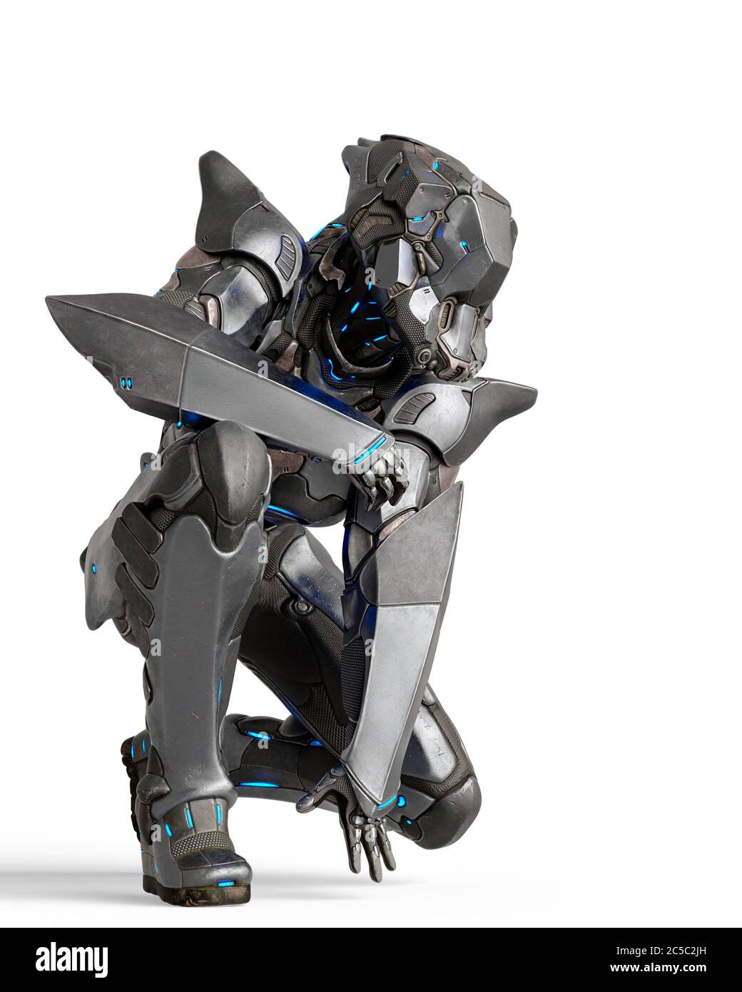 alien female soldier is on guard and ready side view in white ...