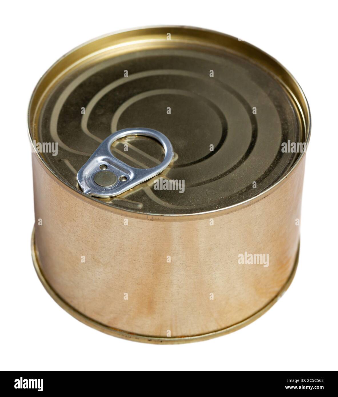 Silver tin can closeup. Isolated over white background Stock Photo - Alamy