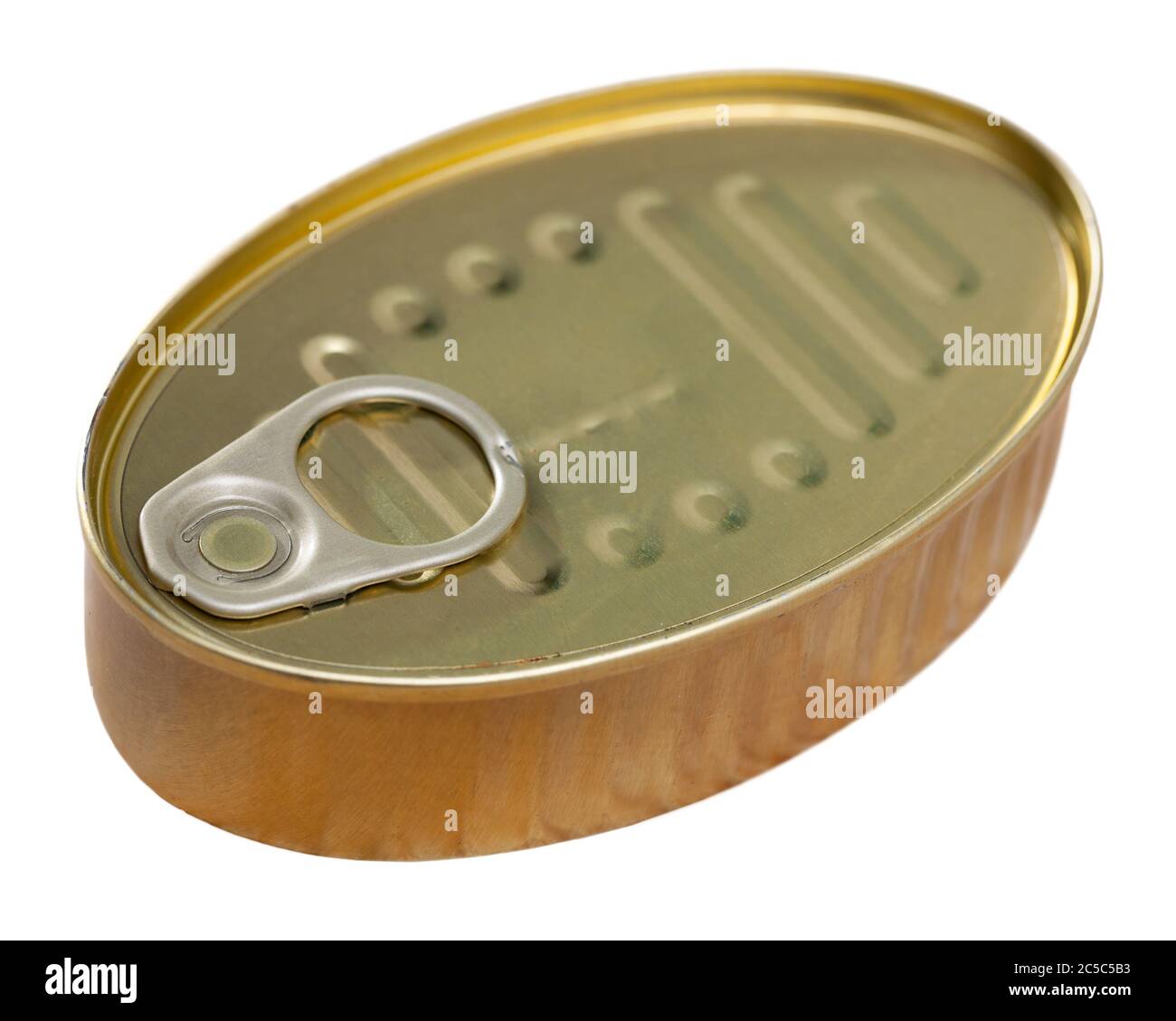 Oval tin can without labels with convenient ring pull tab for opening ...