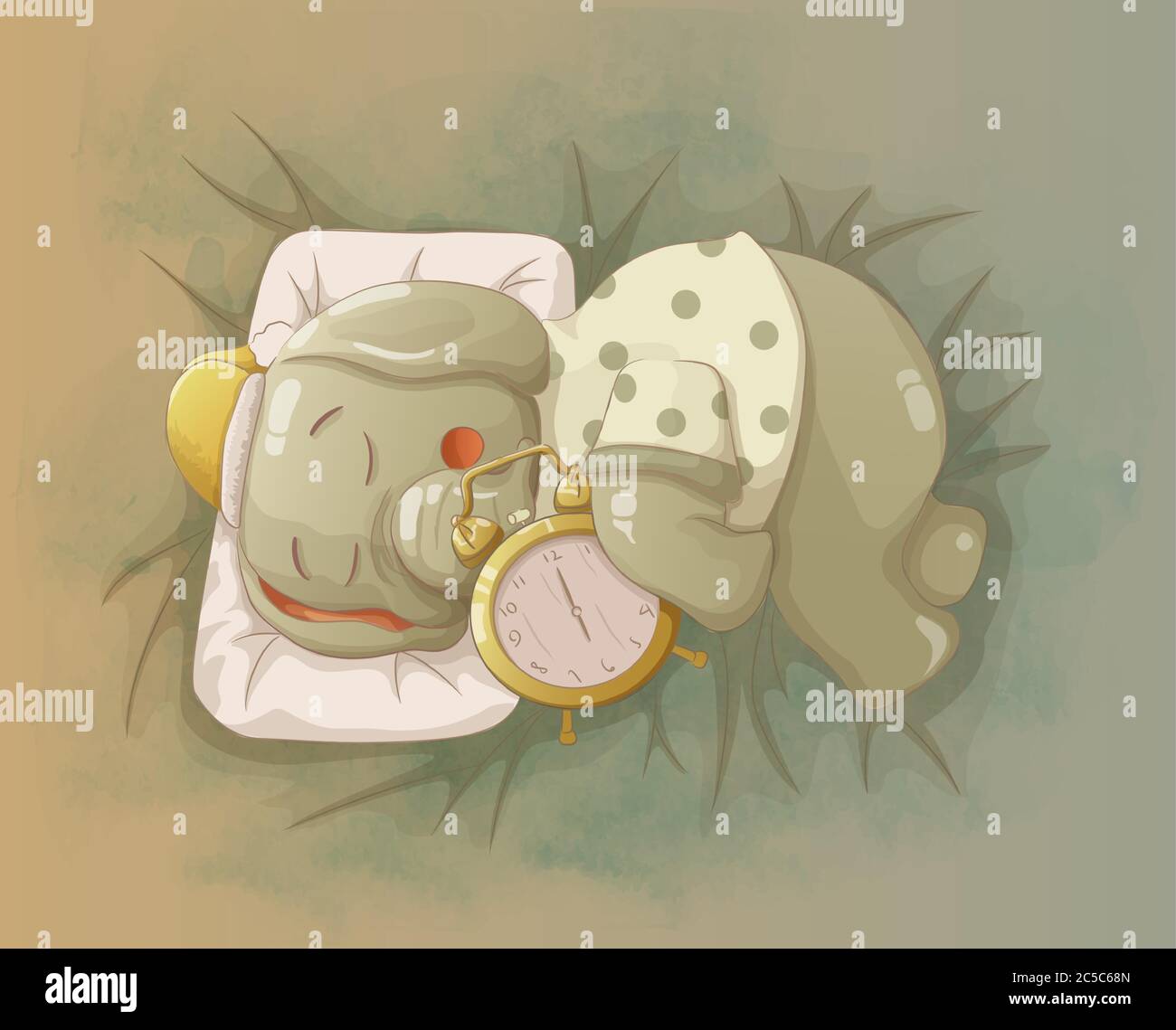 the elephant sleeps by hugging the alarm clock. vector cartoon hand ...