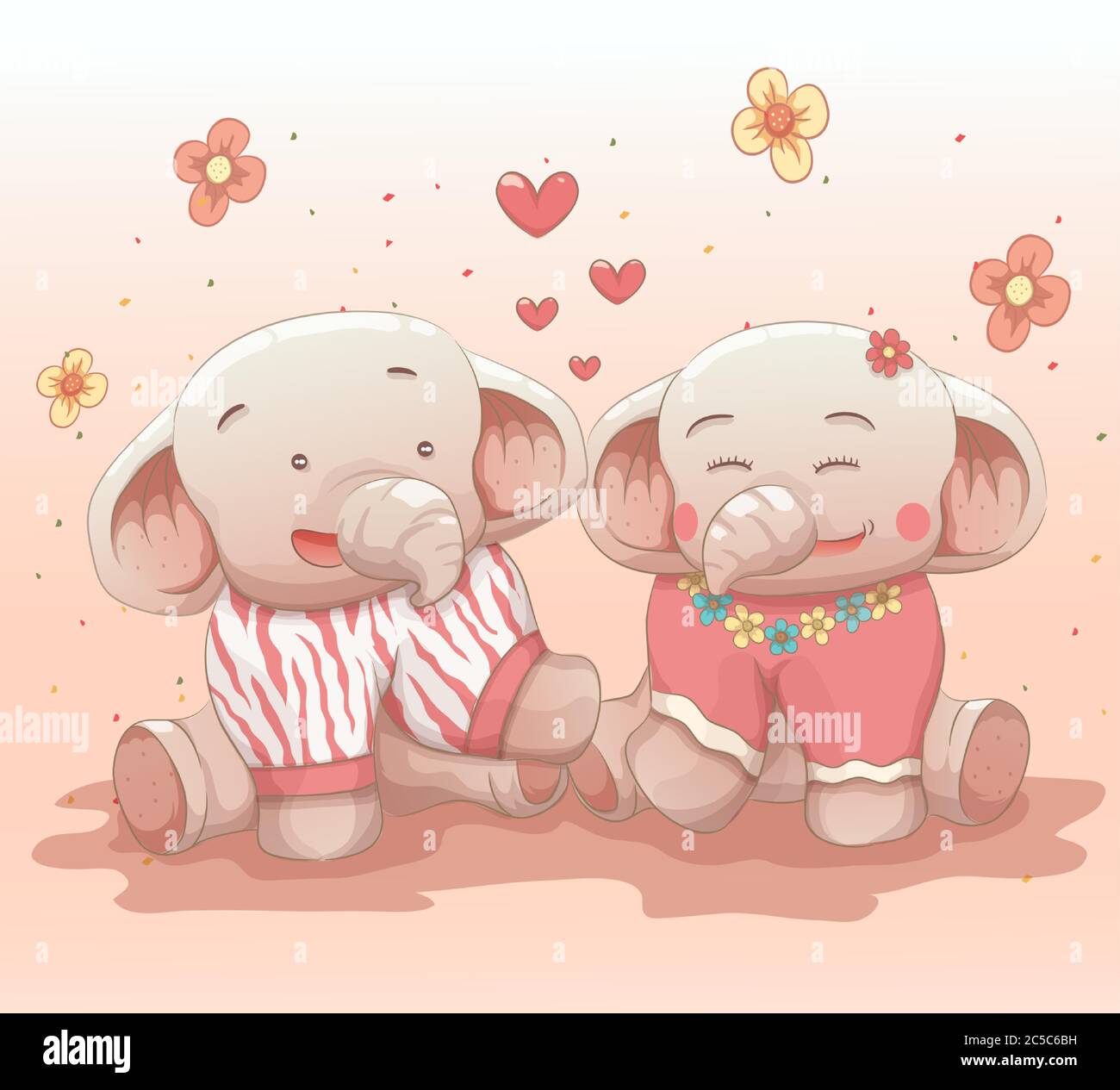 cute elephant's couple love each other. vector hand drawn cartoon art ...