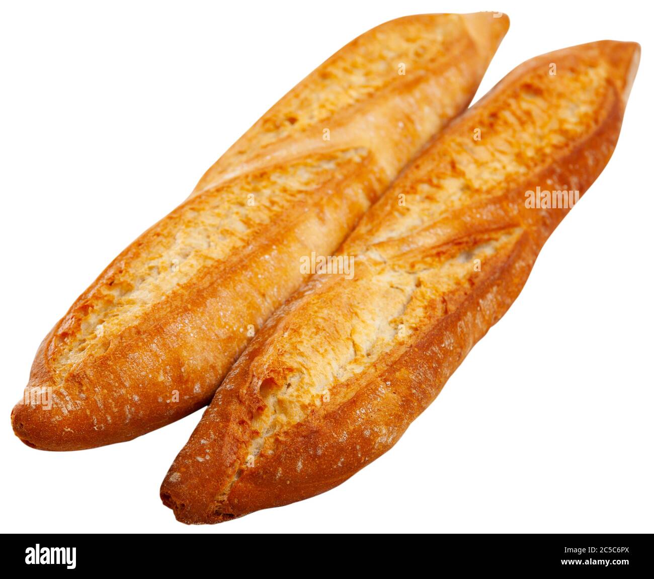 Two freshly baked French baguettes with crispy crust. Isolated over ...