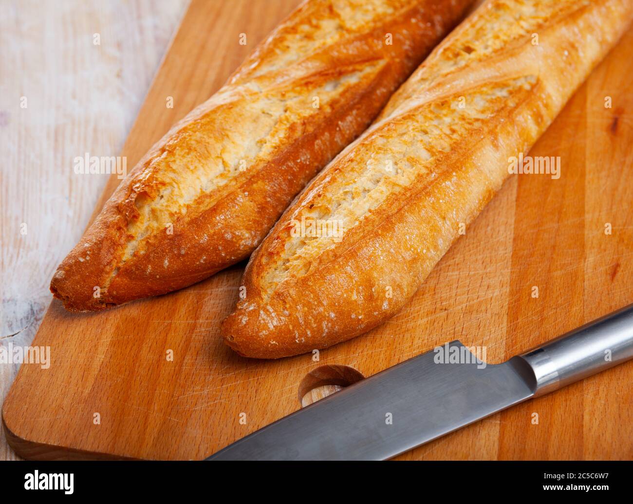 Closeup of crunchy french baked baguettes, bakery products, nobody ...